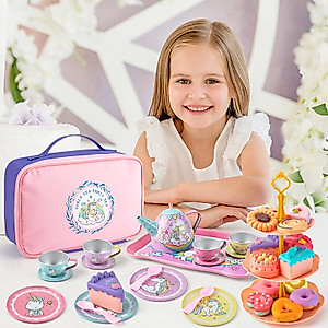 Juboury Tea Party Set for Little Girls, Pretend Tin Teapot Set with Dessert, Doughnut, Cake Stand, Tablecloth & Carrying Case, Princess Tea Time Kitchen Pretend Play Toy for Girls Age 3 4 5 6