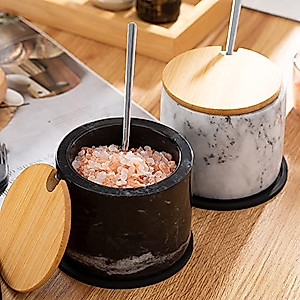 NHKRTE Marble Salt Cellar with Lid & Spoon, 11oz Salt and Pepper bowls, Handcrafted from Natural Marble, Smooth Inside (White)