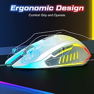 VersionTECH. Wired Gaming Mouse, Computer Mouse Ergonomic Mice with 7 LED Lights RGB Backlit, 6 Programmable Buttons, 4 Adjustable DPI for Laptop PC Gamer Desktop Chromebook Mac Games-White