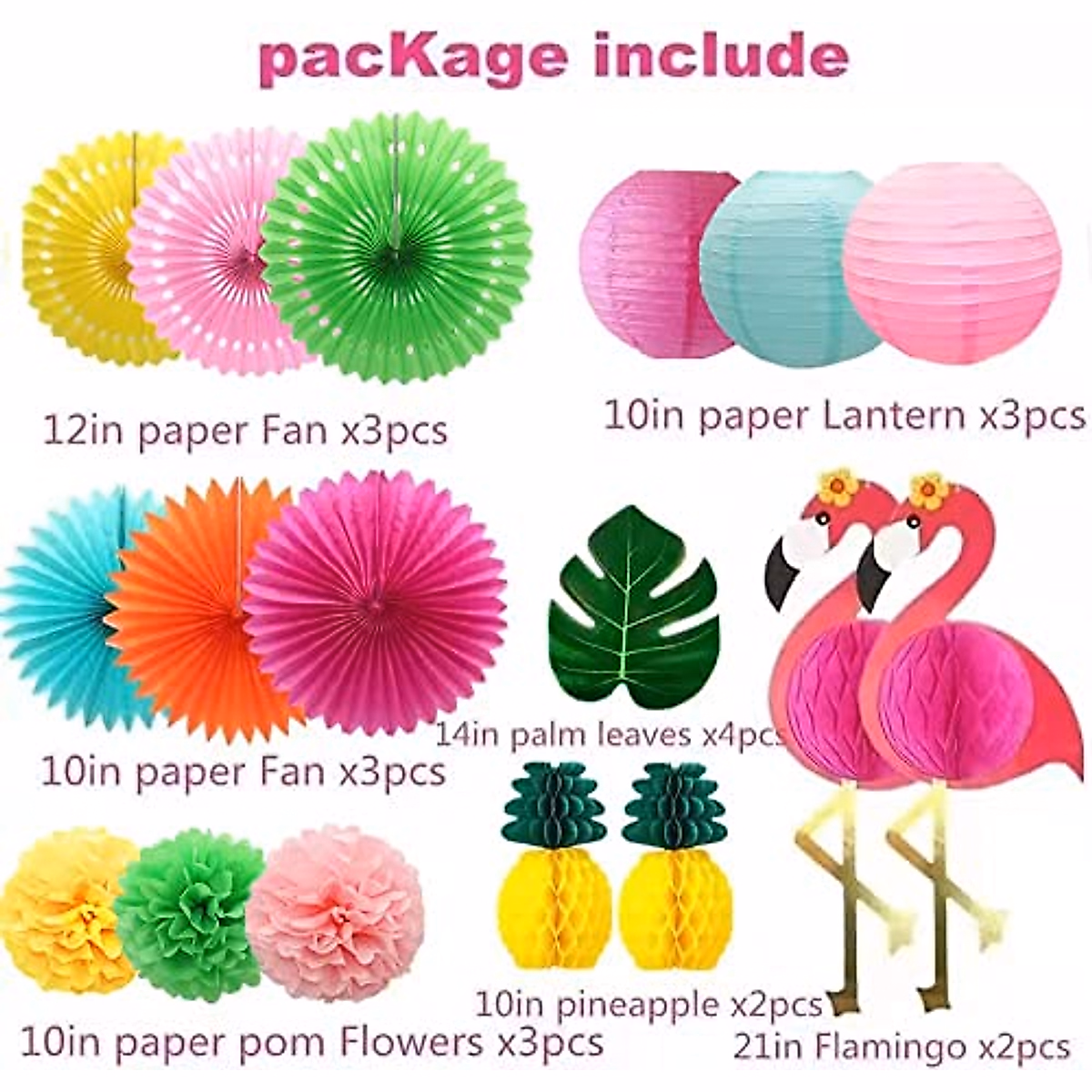 Flamingo Party Honeycomb Decoration, Hanging Paper Fan, Palm Leaf , Pineapple Paper lanternFiesta Party Supplies, Tissue Paper Flowers for Hawaiian Beach Luau Party Birthday Wedding Photo Backdrop