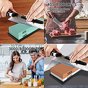Sharpening Stone Whetstone Knife Sharpener, knife sharpening stone Premium 4 Side Grit 400/1000 3000/8000 Water Stone Sharpening Kit Wet Stones with Leather Strop, Bamboo Base & Angle Guide