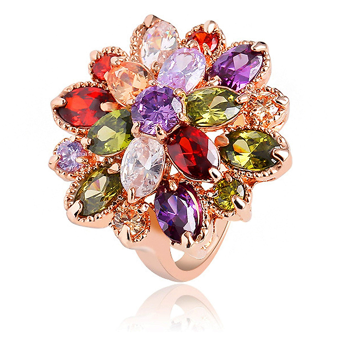18k Gold Plated Flower Leaves Multi-color Zirconia Crystal Az0271r Ring (Sizes 6)