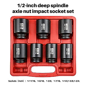 SEKETMAN 7Pcs 1/2" Drive Deep 6-Point Impact Socket Set/Spindle Nut Impact Socket Set, Inch, Cr-Mo,1-3/8-Inch - 1-3/4-Inch