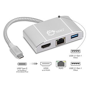 SIIG USB 3.1Type C (USB C) Thunderbolt 3 to Gigabit Ethernet LAN Network and HDMI Adapter Hub with USB 3.0 Type A, Gigabit Etherent and HDMI output - 4K ready (JU-H30712-S1)