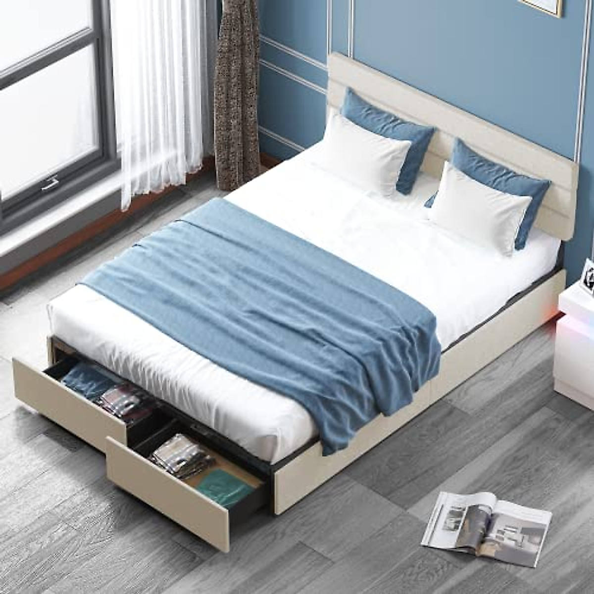 ijuicy Cal King Size Bed Frame with Drawers, No Box Spring Needed Bed Frame with Headboard, Upholstered Platform Bed Frame with Large Storage Space for Bedroom,Easy Assembly-Beige