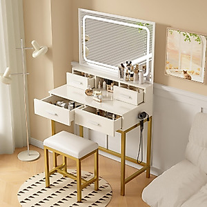 Makeup Vanity with Mirror and Lights, Vanity Desk Table with 2 Drawers, Extra Storage Boxes and Hairdryer Holder, 3 Color Modes Available, Vanity Desk with Chair Set for Bedroom, White