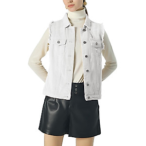 ebossy Women's Candy Color Slim Fit Sleeveless Distressed Denim Jean Vest Jacket (Large, White)