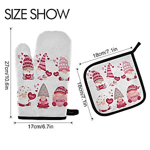 Valentines Gnomes Pink Oven Mitts & Pot Holders 2pcs Cute Kitchen Heat Resistant Non-Slip Love Heart Potholders Set for Cooking Baking BBQ