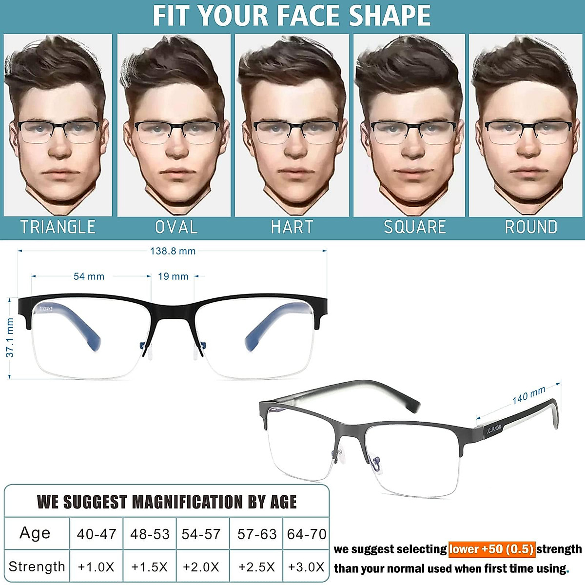 Bifocal Reading Glasses for Men, No Line Bifocals Progressive MultiFocus Readers, Wide Clear Top Transition Non Prescription Multifocal Eyeglasses,Large Anti Blue Light Multi focals Half Frame +1.75