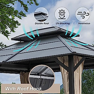 MONDAWE 10x12Ft Hardtop Gazebo Double Roof Permanent Gazebo Steel Frame Canopy Outdoor Pavilion Heavy Duty for Patio Lawn Garden with Curtains and Netting,Black