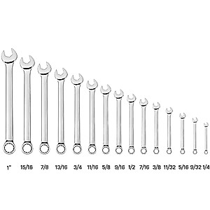 Max Torque 15-Piece Premium Combination Wrench Set, Complete SAE Inch Sizes from 1/4” to 1” with Rack Organizer | Cr-V Steel, Mirror Chrome Finish, Long Pattern, V-Groove Open End and 12-Point Box End