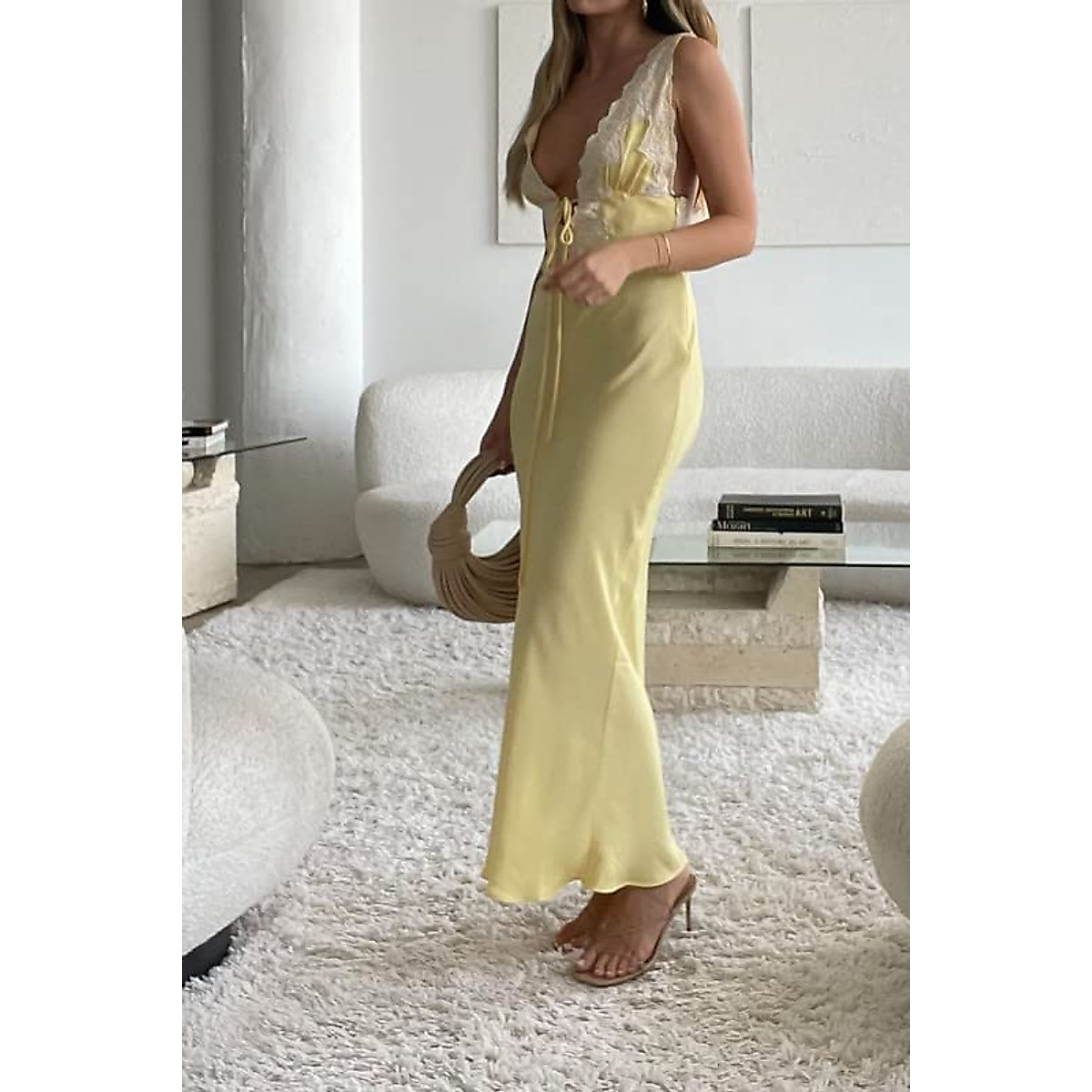 Sexy Lace Trim V Neck Long Dress Mesh Patchwork Going Out Maxi Dresses Backless Slim Fit Casual Night Party Beachwear
