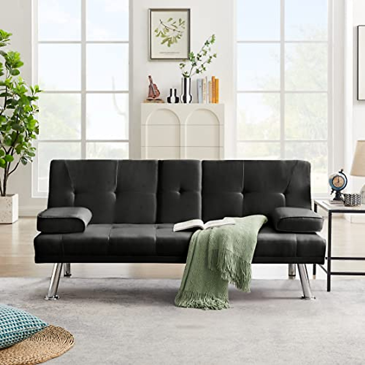 67" Modern Linen Upholstered Futon Sofa Convertible Sleeper Couch Bed Daybed Loveseat,Folding Recliner with 2 Cup Holders,Metal Legs,Removable Soft Pillow-Top Armrest for Living Room Compact Space