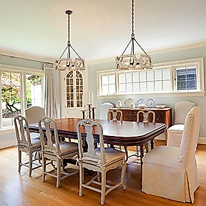 LALUZ Farmhouse Chandelier, Wood Drum Chandelier for Kitchen Island, Foyer, Dining Room, Distressed White, 3-Light, 19.5" Dia