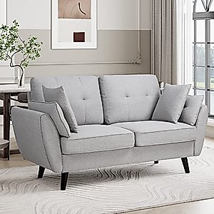 Shintenchi 63" Modern Fabric Loveseat Sofa Couch for Living Room Upholstered 2-Seat Low Back Deep Seat with 4 Pillows Furniture for Bedroom, Office，Studio Easy Assembly Light Grey