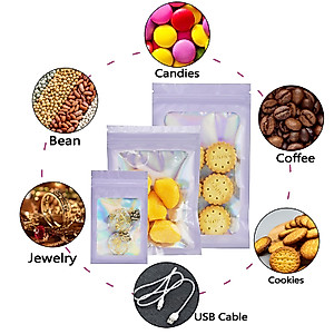 YOTOZU 100-Pack Holographic Resealable Bag Food Storage Aluminium Foil Mylar Smell Bag Plastic Flat Packaging Pouch for Party Favor Food Candy Jewelry Lip Gloss Optional Multi Color(Purple,4.7x7.8)
