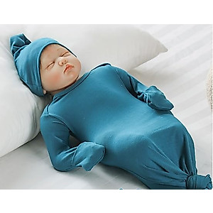 COOZYNANA Baby Newborn Knotted Gown, Ultra Soft Baby Knotted Sleeper Gown and Hat Set, Unisex Infant Sleep Onesie, Baby Boy Girl Coming Home Outfit, 0-3 Months, Blue Green