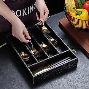 Berglander Drawer Organizers, Black Leather Wood Kitchen Silverware Tray for Drawer, Utensil Tray Drawer Organizer, Kitchen Silverware Organizer, Cutlery Flatware Organizer with Drawers
