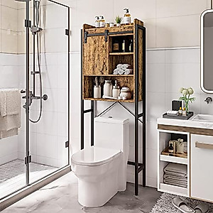 Topeakmart Over The Toilet Storage Cabinet with Slide Rail, Space-Saving Organizer Rack with Cupboard and Adjustable Shelves for Bathroom, Rustic Brown