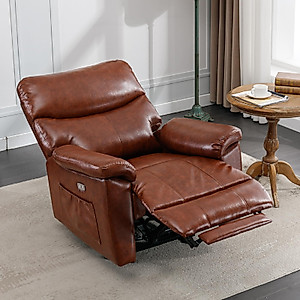 RIHEREFY Electric Recliner,PU Leather Recliner Chair with Extended Footrest,Recliner Chairs for Adults,Extra Wide Reclining Massage Chair with 2 Side Pockets & USB Ports