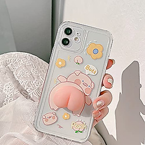 BONTOUJOUR Phone Case for iPhone 11, Funny Novelty Waving 3D Squeezable Peach Butt Piggy Pattern Lovely Pig Case Transparent Soft TPU Silicone Rubber Case Help Relax