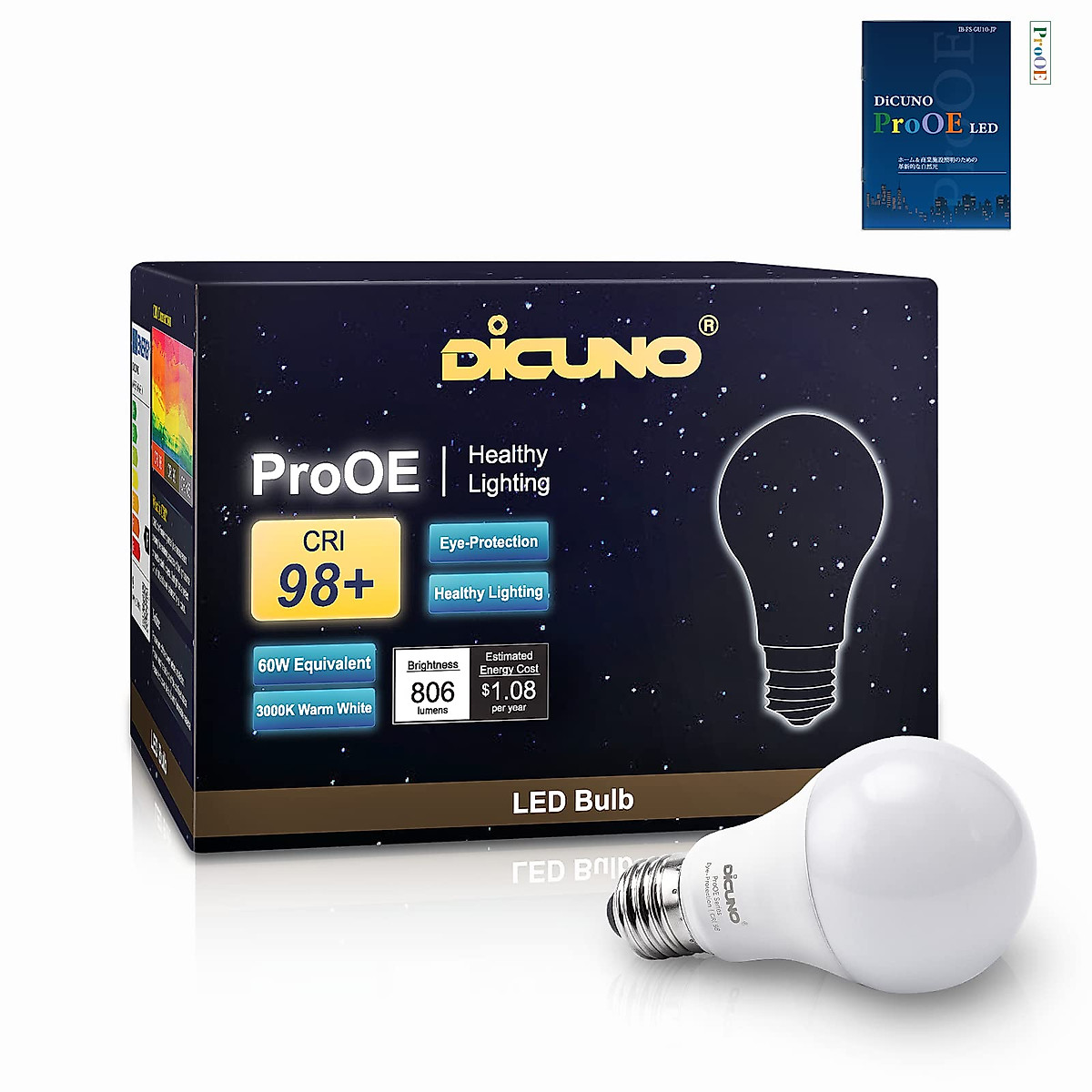 DiCUNO ProOE A19 LED Bulbs 60W Equivalent, 3000K Warm White, 806 Lumens 9W LED Light Bulb, High CRI 98, Non-dimmable, 100-240V, E26 Medium Base, Frosted, Pack of 6