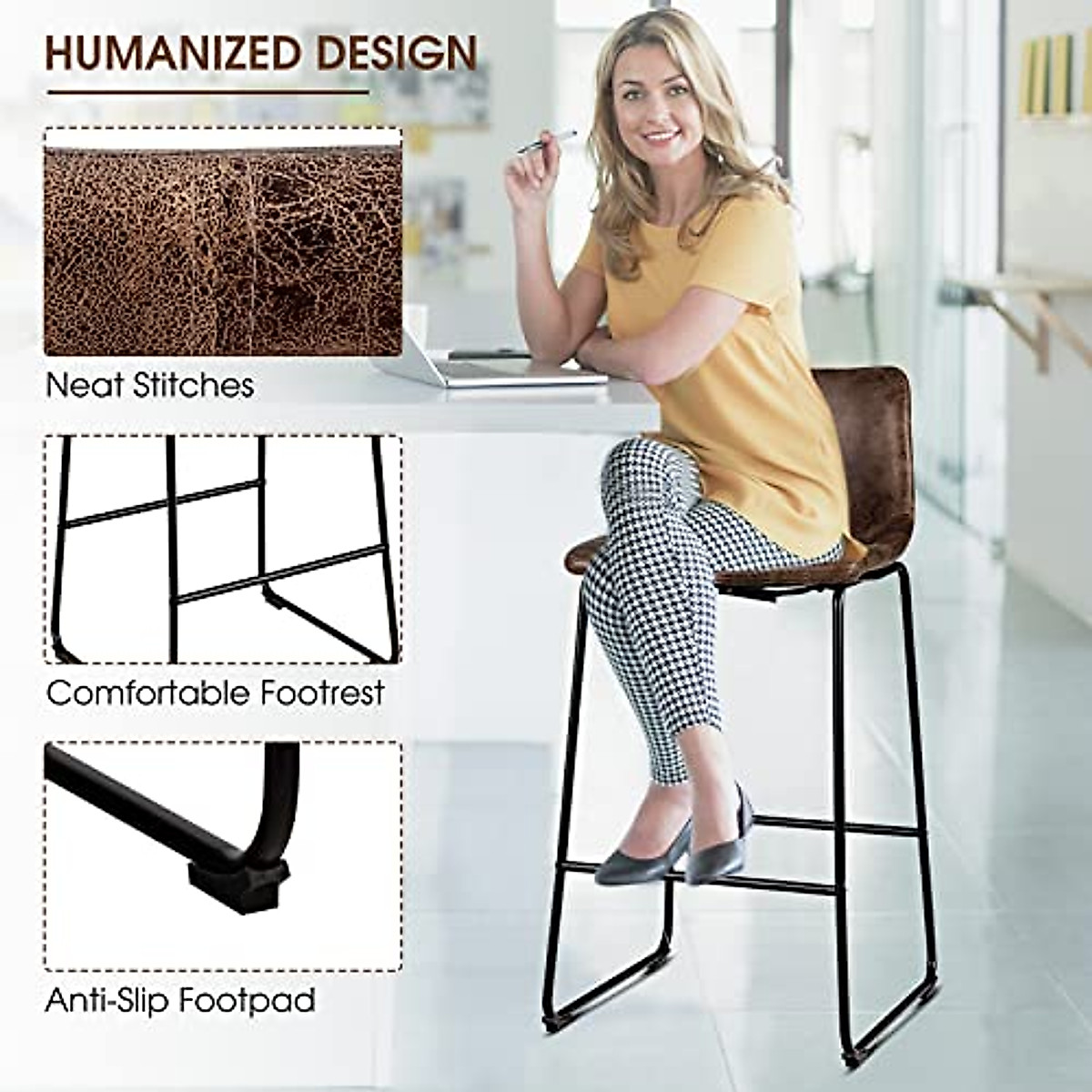 ERGOMASTER Leather Bar Height Barstools with Back 30 inch Counter Bar Stools Set of 2 Pub Height Bar Chairs for Kitchen Island Extended Counter Dining Room (30“, Brown)