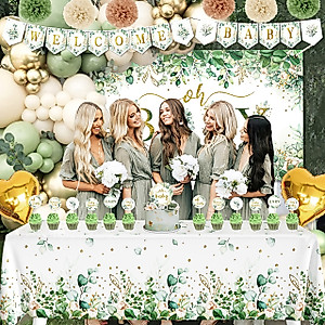 Sage Green Baby Shower Decoration for Girl Boy 99Pcs, Boho Greency Neutral Party Supplies with Oh Baby Backdrop Tablecloth Balloon Garland Kit for Woodland Safari Gender Reveal Party Decor