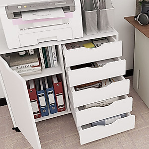 PUNCIA 5-Drawer Mobilable Wood File Storage Cabinets with Power Outlets and Door Home Office Lateral Filing Cabinet with Lock Printer Stand for Home Office