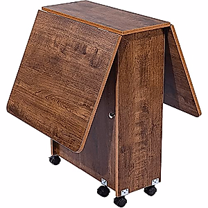 EazeHome Folding Table, Wood Kitchen Table, Versatile Dining Table with 2 Storage Shelves, Movable Dinner Table with 6 Casters, Drop Leaf Table for Small Spaces, Brown Foldable Table for 2-4 Persons