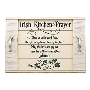 Irish Blessing Kitchen Prayer Serving Tray with slatted Wood Look 18"x12" with Silver Finish Metal Handles Irish Shamrock Motif and Prayer. Rustic Farmhouse Modern Irish Decorative Large Platter