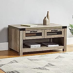 ROCKPOINT Coffee Table with Industrial Style Drawer, Grey Wash