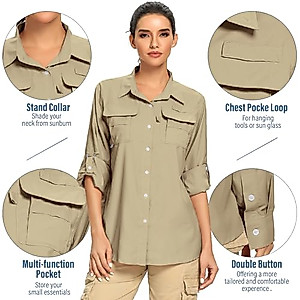 linlon Women's UPF Long Sleeve Fishing Shirts Button Up Hiking Safari Shirts Sun Protection and Quick Dry,Khaki,M