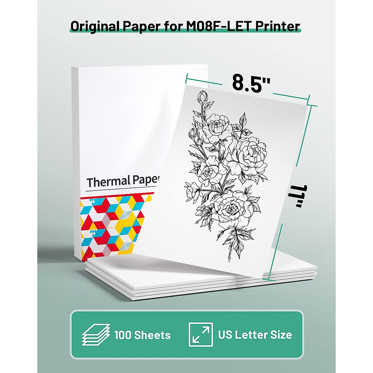 Itari US Letter Thermal Paper for M08F-Letter Portable Printer, Multipurpose Thermal Paper for Picture, Homework, Contract, 8.5" x 11" Size, 100 Sheets