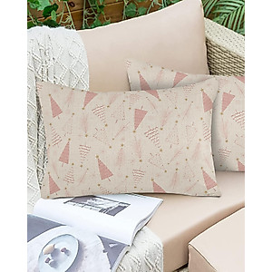 Edwiinsa Outdoor Pillow Covers Waterproof, Minimalist Christmas All Weather Cushion Case Set of 2, Cartoon Blush Pink Xmas Pine Tree Lumbar Pillowcase for Sofa Couch Bed Decor Patio Furniture 20"x12"