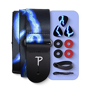 Perri's Leathers Guitar Strap - Bundle - BONUS- 3 Medium 0.71mm Picks, 1 Leather Acoustic Adaptor, 4 Strap Locks & Shoelace… (Blue Lightning)