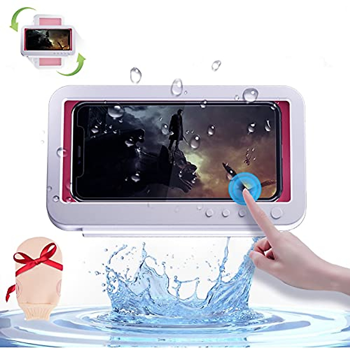 Enlanda Shower Phone Holder Waterproof Anti-Fog Touch Screen 360° Rotation Wall Mount Phone Holder Phone Case No Drilling Design for Shower Bathroom Mirror Bathtub (White)