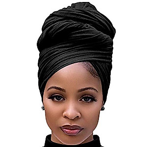 Harewom Black Hair Wrap for Women Long Stretch Jersey Head Scarf Summer Breathable Lightweight Turban Solid Color