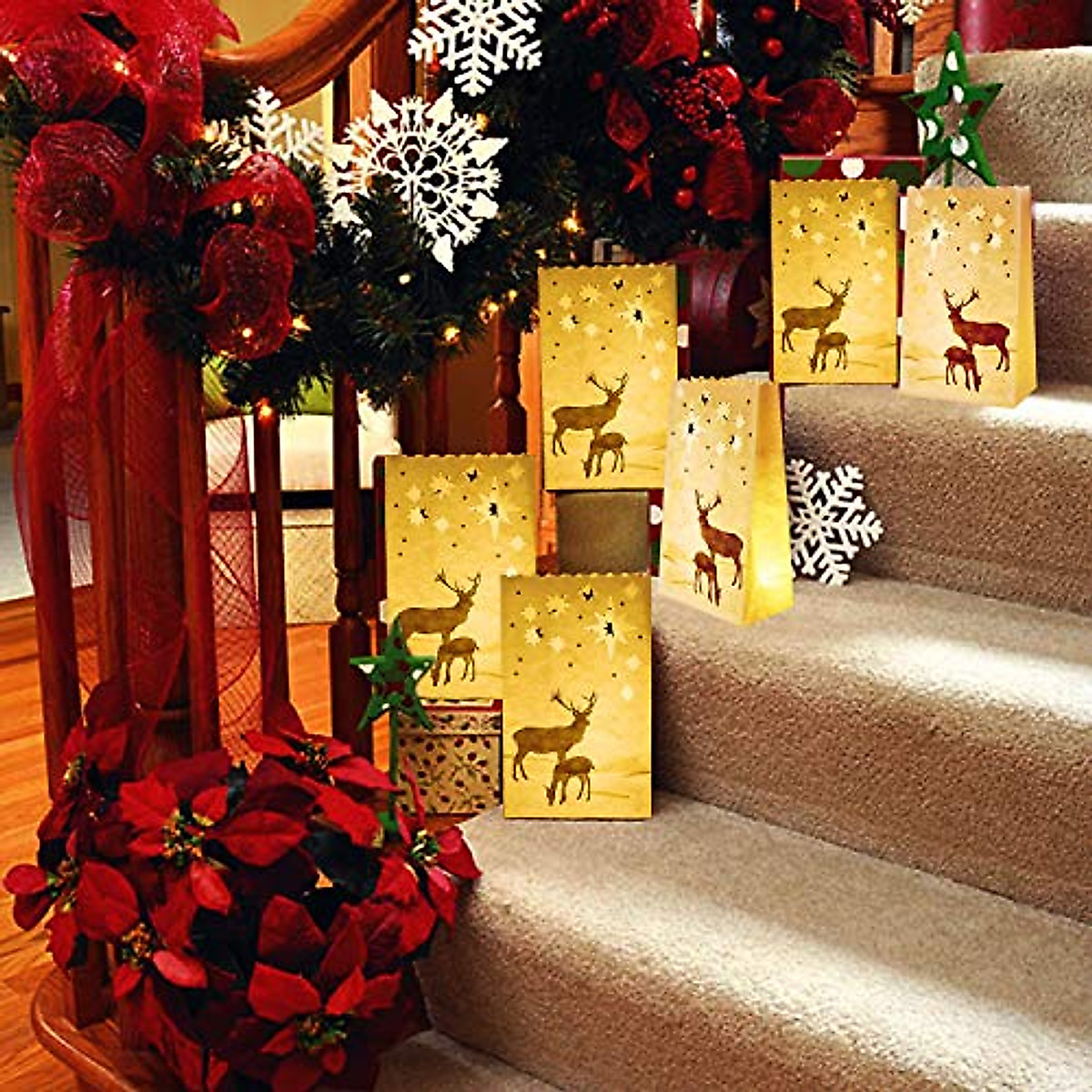 Homemory 24-Count Christmas Luminary Bags - Flame Resistant Tealight Candle Bags - Stars Elks Deer Luminaries for Thanksgiving, Christmas, Party Decoration