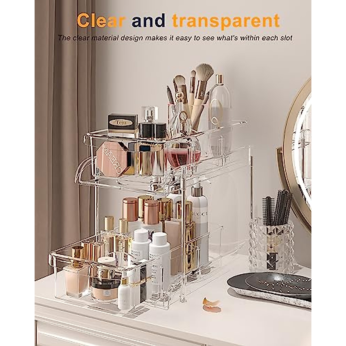 MHHA 2 Sets of 2-Tier Clear Under Bathroom Sink Organizers and Storage, Medicine Cabinet Organizer with Dividers, Pull Out Kitchen Pantry Shelf Cupboard Closet Vanity Organization Bins