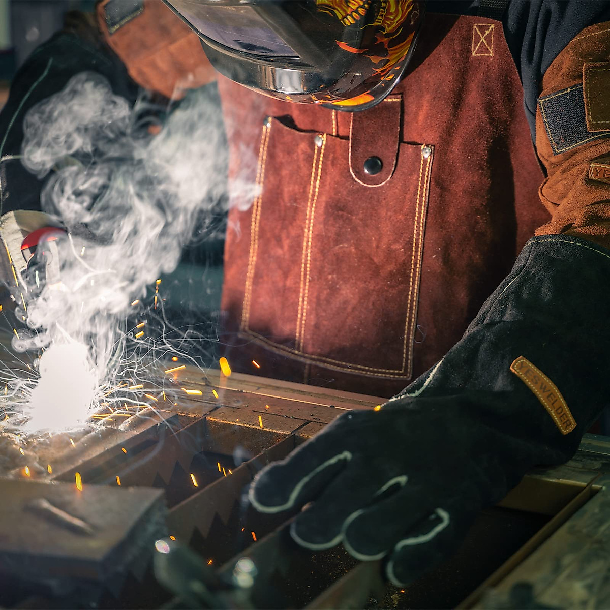 YESWELDER Leather Welding Sleeves Heat&Flame Resistant Arm Protection Work Sleeves for Men and Women