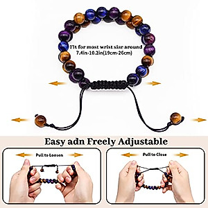 KOPHINYE Blue Tiger Eye Bracelet, Triple Protection Bracelet for Men Women, Handmade Bracelet 8mm Bead, Purple Tiger Eye Bracelet Bring Health, Luck and Prosperity