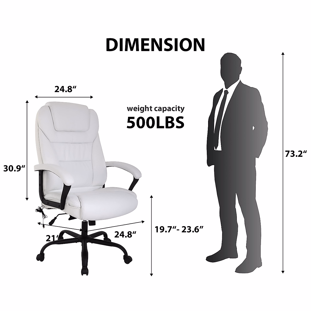 500 LBS Ergonomic Executive Office Chair, High Back Desk Chair with Massage Lumbar Support, Swivel Rocking Chair Computer Desk Chair with Padded Armrest and Adjustable Height, White