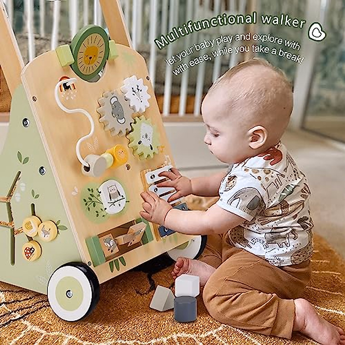 Wooden Baby Push Walker and Toddler Pull Learning Activity Toy - Develop Motor Skills & Creativity - Multiple Activities Center for 1-3 Years Old Boys and Girls