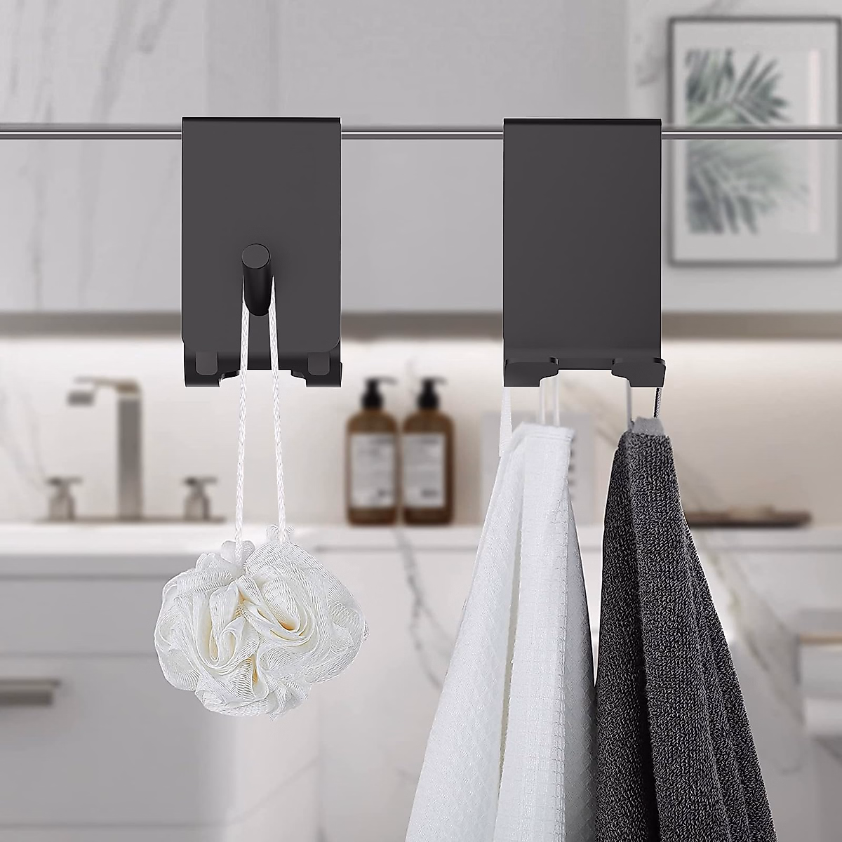 Linkidea 2 Pack Over Shower Door Towel Hook, Double Side Bathroom Towel Hooks with Non-Slip Sponge Pad, Shower Hook for Frameless Glass Doors, Black