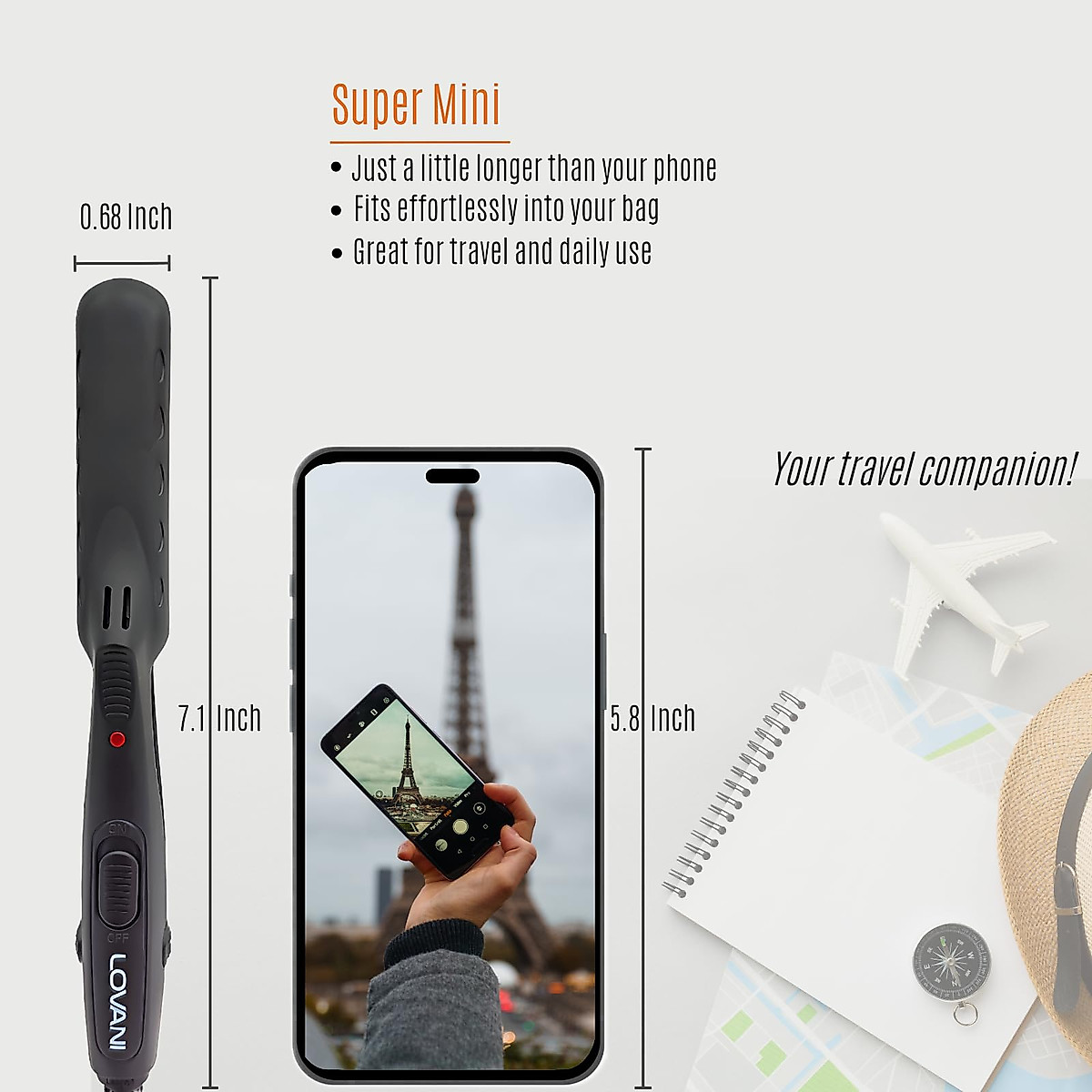 LOVANI Mini Flat Iron, Tourmaline Ceramic Small Hair Straightener, Dual Voltage Travel Hair Iron for Worldwide Use, Portable Mini Straightener with Insulated Bag