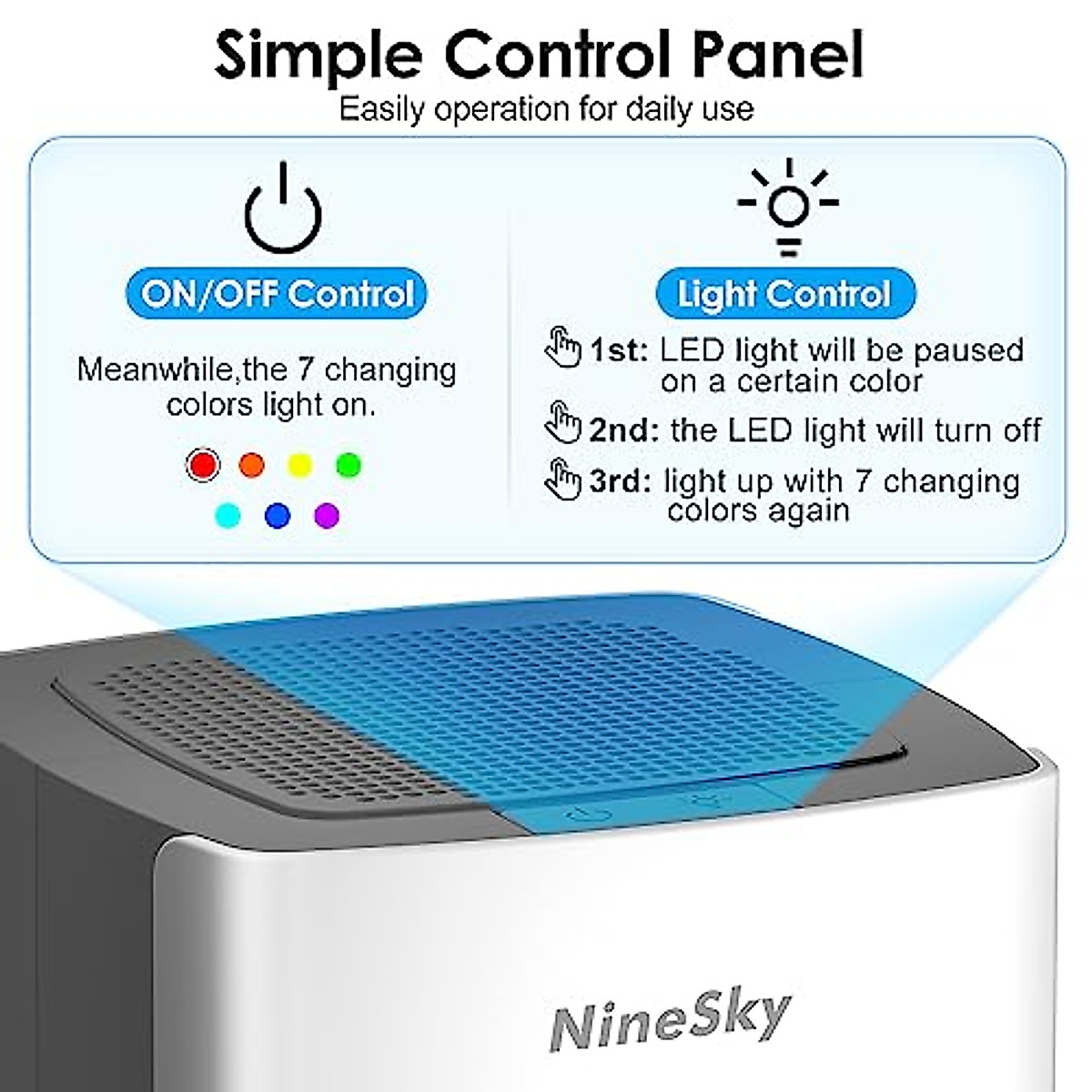 NineSky Dehumidifier for Home, 30oz Water Tank,(300 sq.ft) Dehumidifiers for Bedroom, Bathroom, Basement with 7 Colorful Lights, Auto Shut Off(C1 White/Gray)