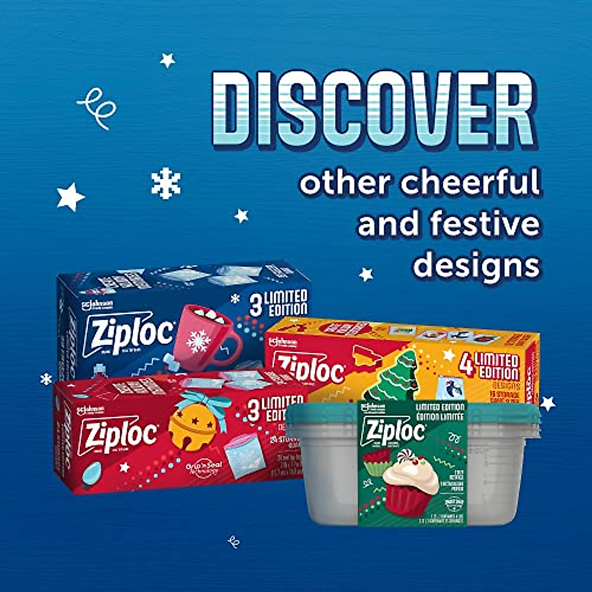 Ziploc Food Storage Meal Prep Containers Reusable for Kitchen Organization, Smart Snap Technology, Dishwasher Safe, Deep Square, 3 Count, Holiday Designs, Packaging May Vary