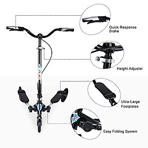 AODI 3 Wheel Foldable Scooter Swing Scooter Tri Slider Kick Wiggle Scooters Push Drifting with Adjustable Handle for Boys/Girl/Adult Age 8 Years Old and Up