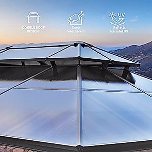 YOLENY 12'x14' Hardtop Gazebo, Outdoor Polycarbonate Double Roof Canopy, Aluminum Frame Permanent Pavilion with Curtains and Netting, Sunshade for Garden, Patio, Lawns
